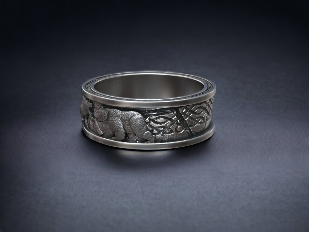 Engraved Bears Band Ring, Sterling Silver Animal Band Ring, Viking Band ...