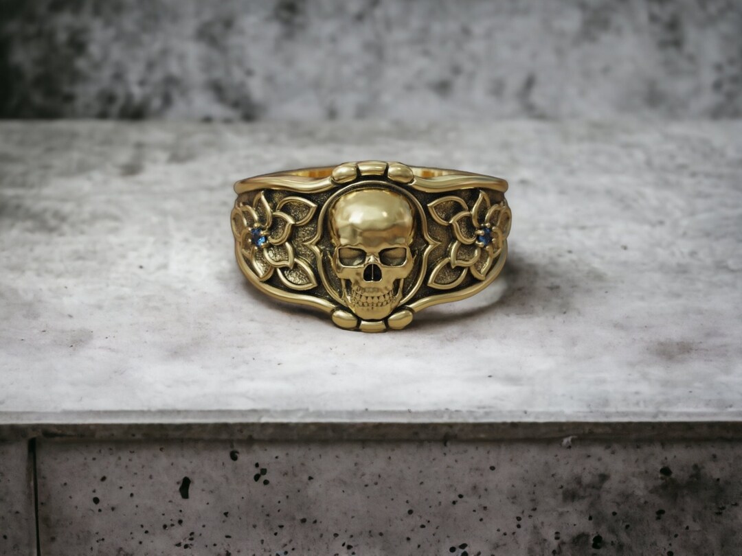 Floral Skull Band Ring, Gothic Wedding Bands, Unisex Skull Engagement ...