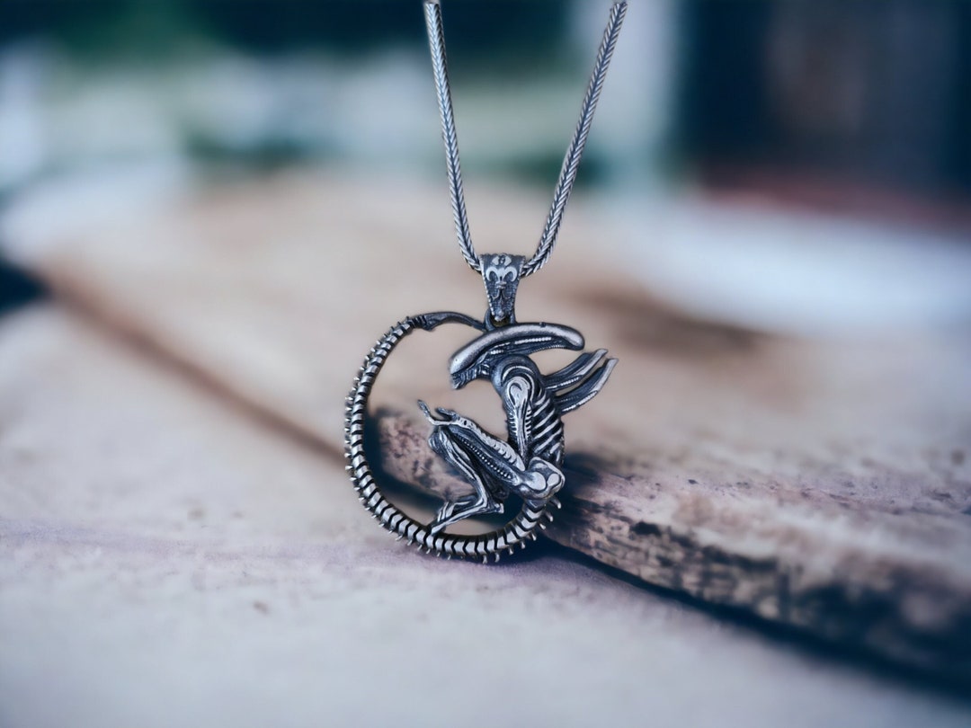 Silver Alien Necklace, Sci-fi Necklace for Him, Oxidized Necklace for ...