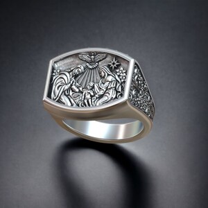 Baby Jesus Nativity Ring, Star of Bethlehem Silver Men Ring, Holy ...