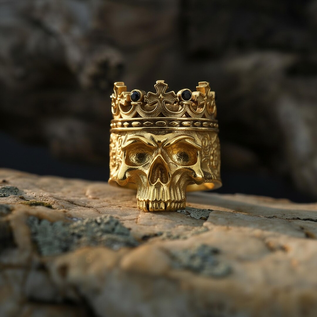 Gold Plated Royal Skull Head Ring: Skull Head With Crown Ring, Gothic ...