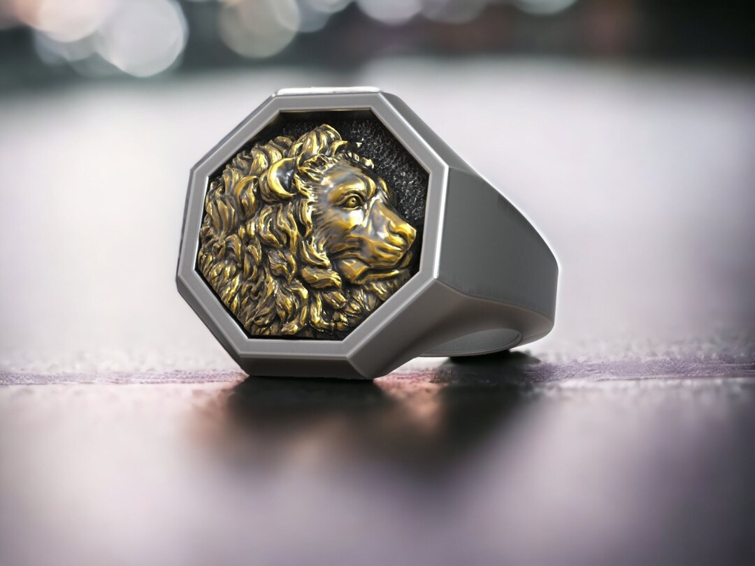 Sterling Silver Lion Signet Ring, Animal Ring for Men, Mens Silver ...