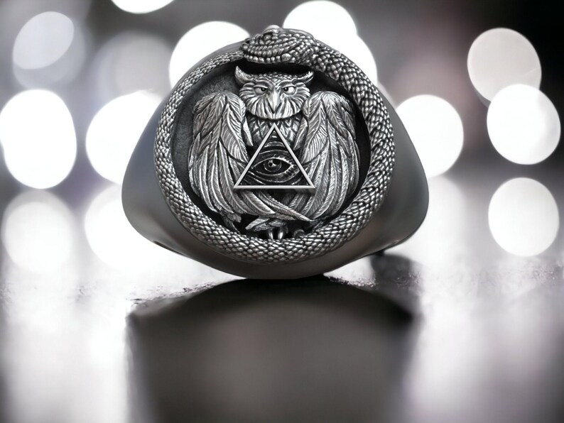 Silver Snake Ouroboros Ring: Owl With Eye of Providence Ring, Masonic ...