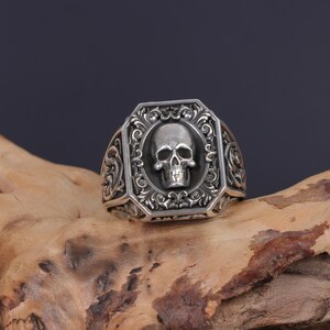 Skull Rococo Signet Ring, Vintage Style Signet Skull Ring, Biker Ring, Victorian Signet Skull ...