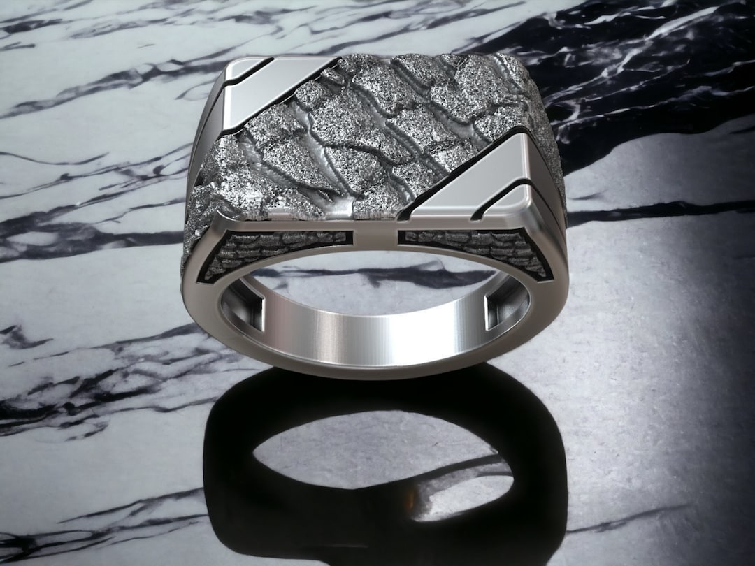 Stone Rock Pattern Signet Men Ring, Sterling Silver Ring, Oxidized ...