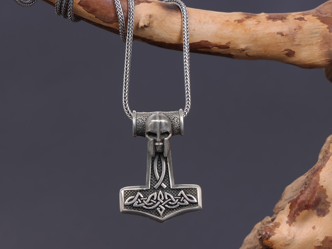 925 Sterling Silver Mjolnir Skull Necklace, Viking Thor’s Hammer ...