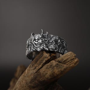 Silver Japanese Hannya Ring, Oni Mask Wide Band Ring, Demon Engraved ...