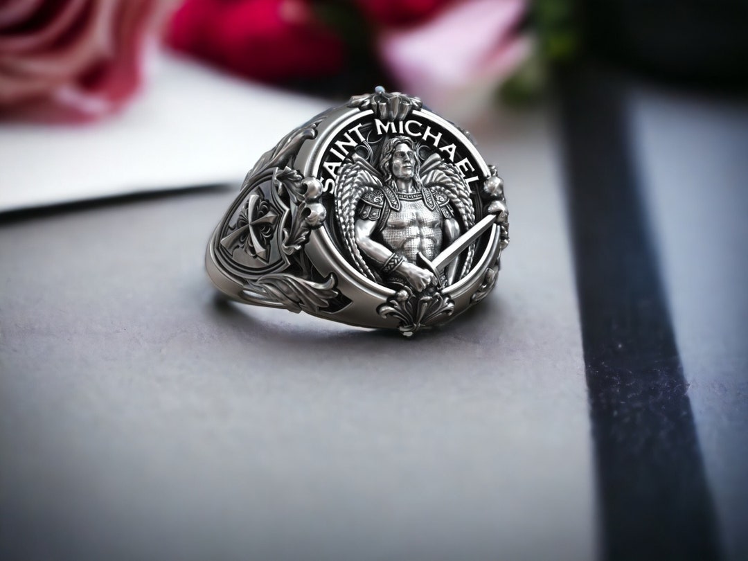 Sterling Silver Archangel Ring, 3D Saint Michael Men Ring, Christian ...