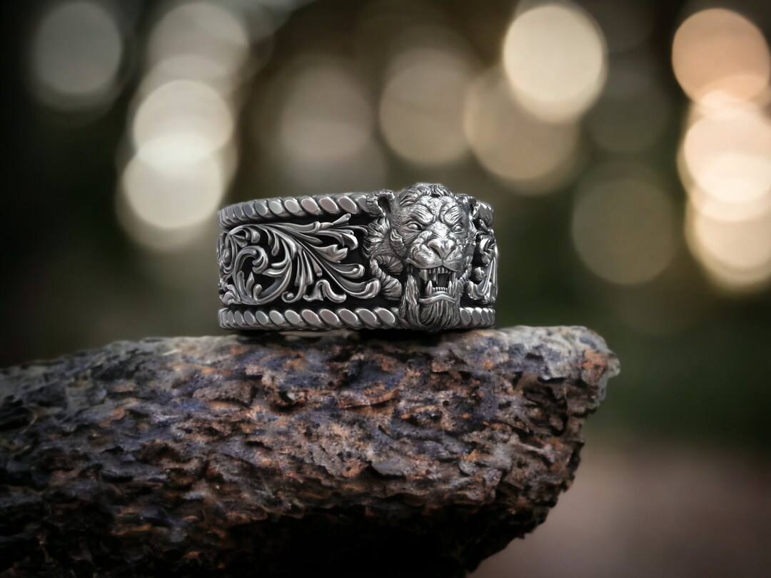 Vintage Tiger Head Ring, Tiger Head Band Ring, 3D Animal Head Ring ...