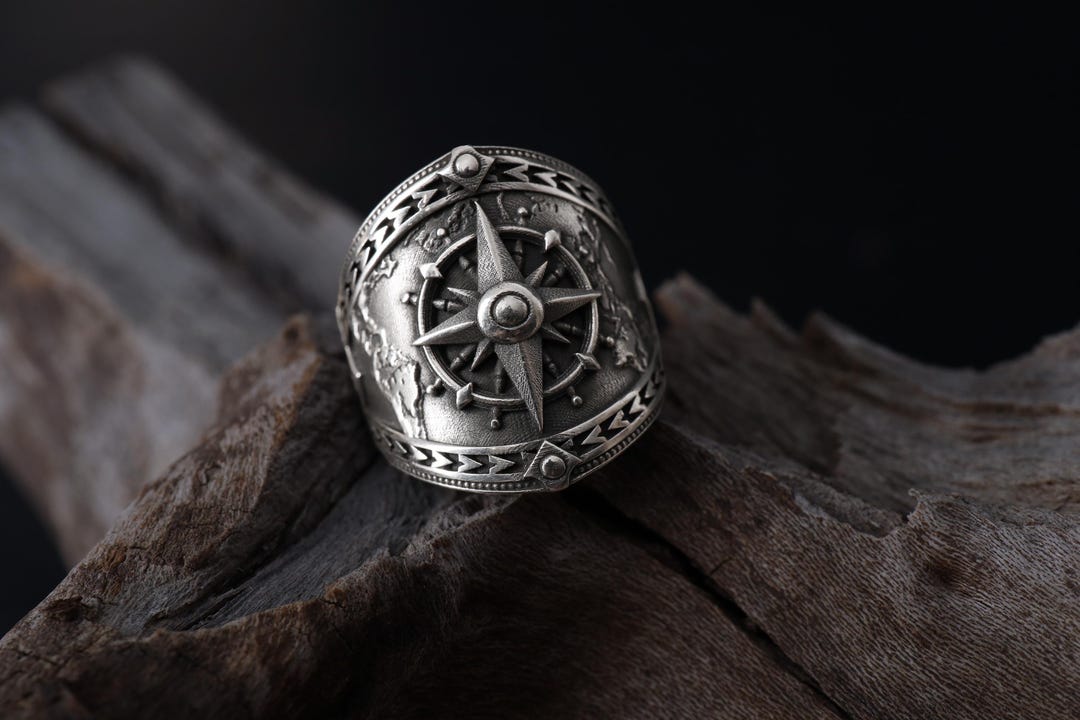 Large Compass Ring for Men, World Map Signet Ring, Adventure Traveler ...