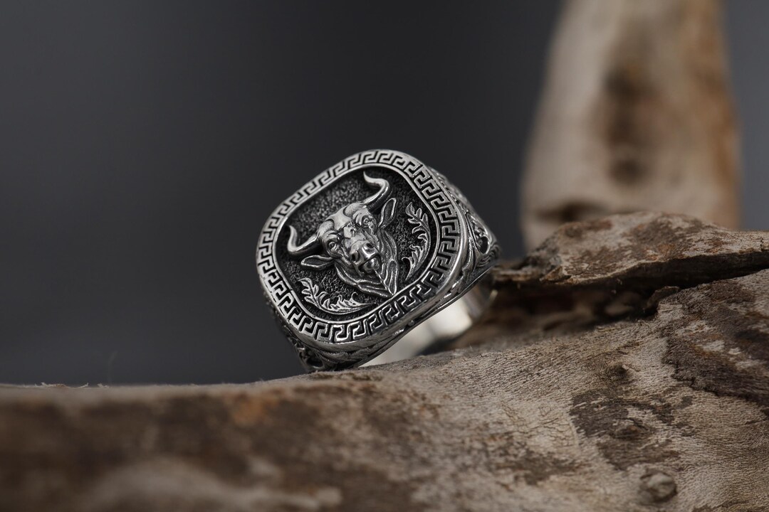 Engraved Greek Key Signet Men Ring, Bull Head Men Ring, Angry Bull ...