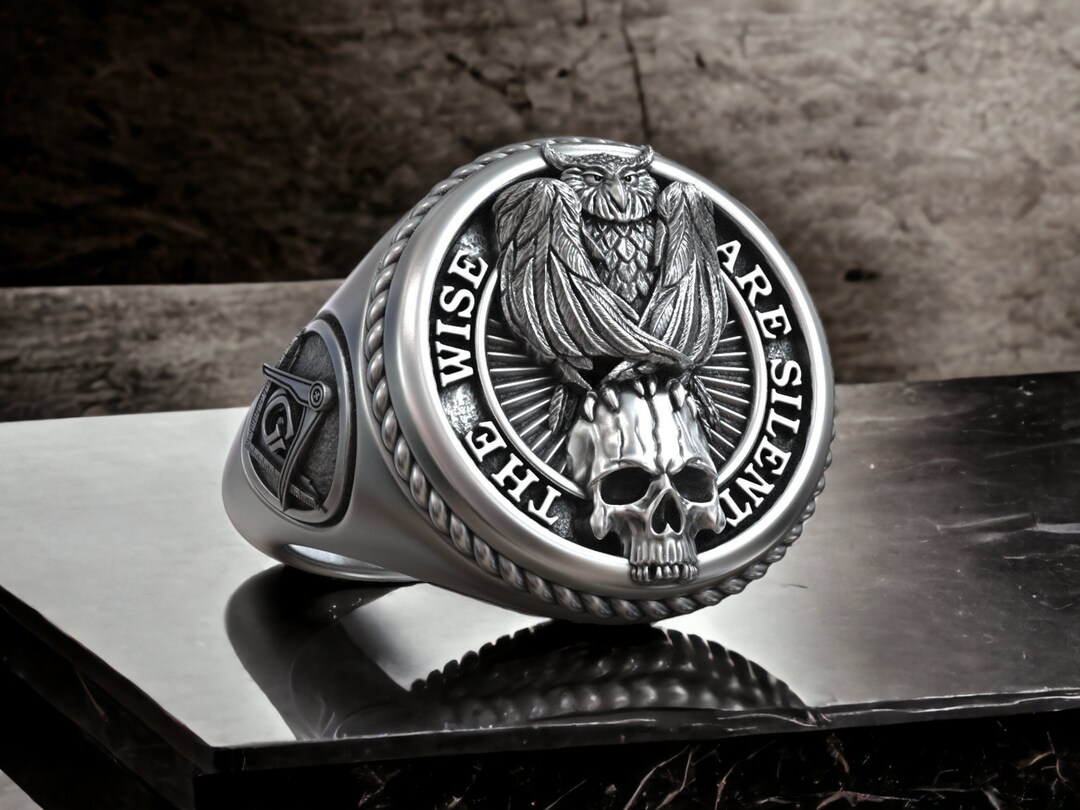 Owl Skull Signet Ring, Unique Masonic Ring, Engraved Gothic Ring ...