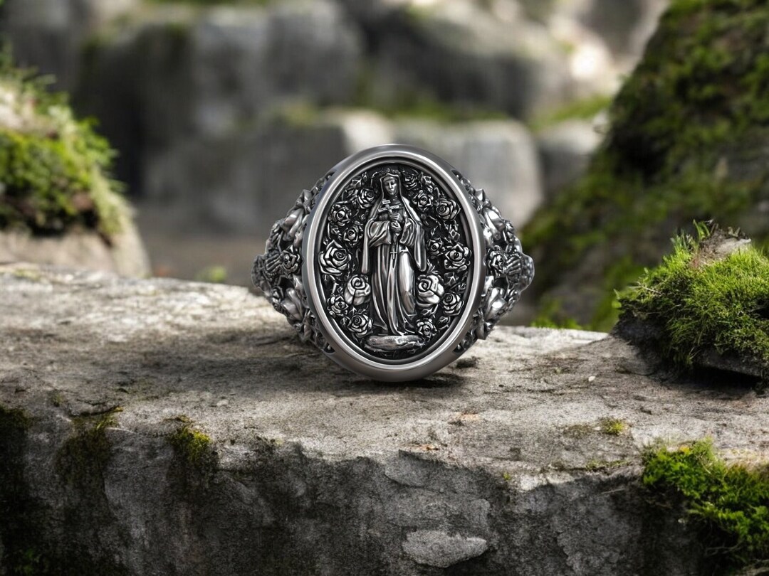 Saint Rose of Lima Ring, Engraved Roses Religious Ring, Christian Thumb ...