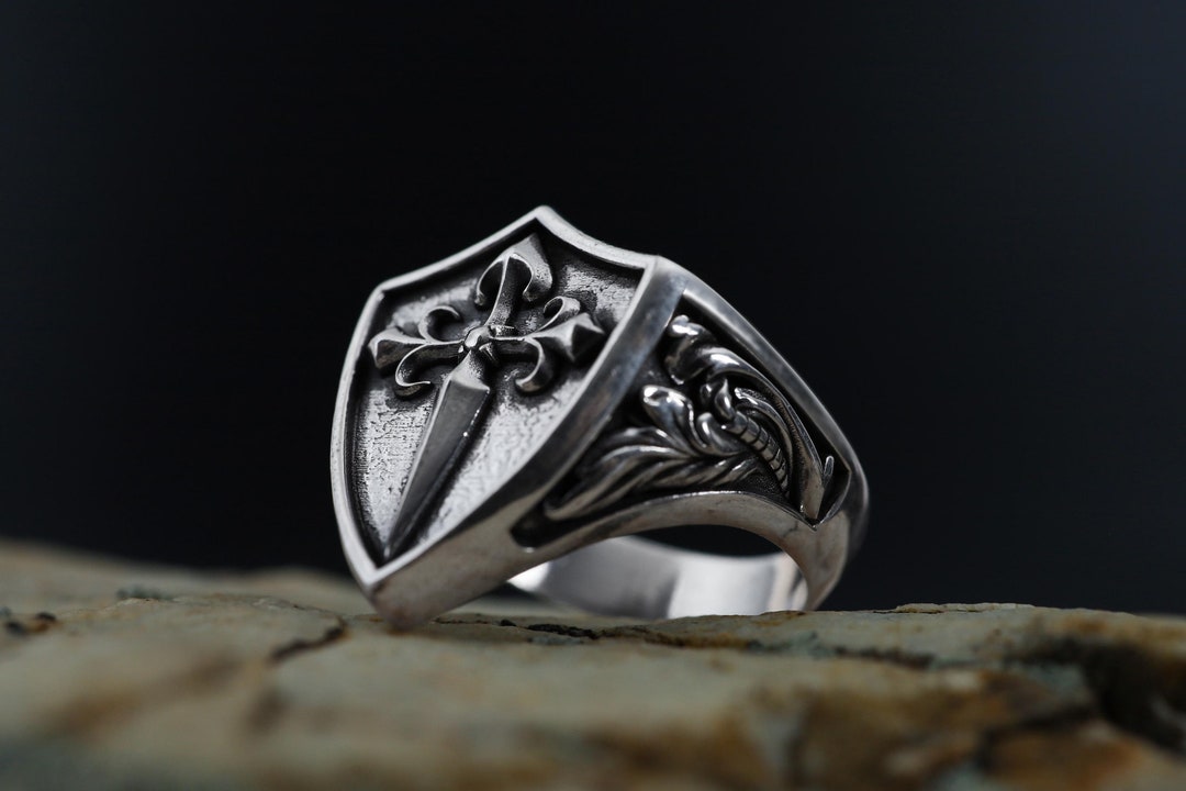 Silver Sword Signet Ring, Baroque Sword Ring, Sword Shield Ring ...