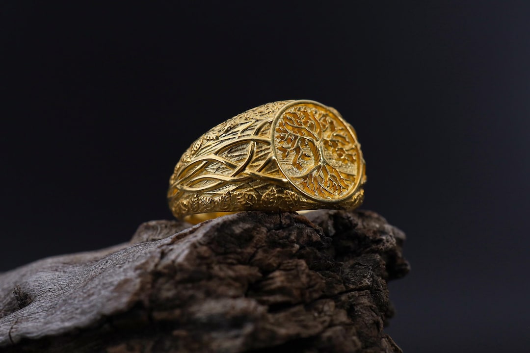 Gold Plated Tree of Life Signet Ring Men, Large Yggdrasil Ring, Gold ...