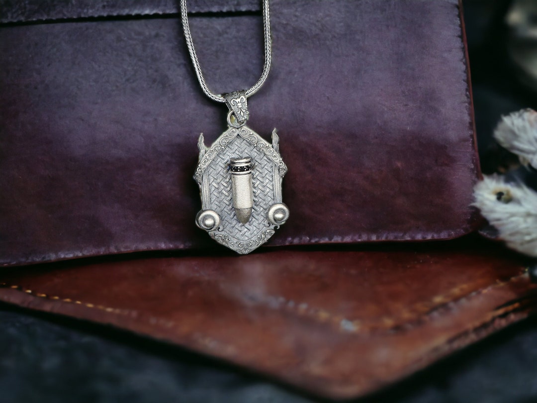 3D Bullet Medallion Necklace, Gothic Necklace With Gemstone, Textured ...
