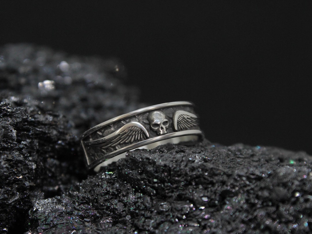 Sterling Silver Winged Skull Ring: Gothic Biker Statement Band for Men ...