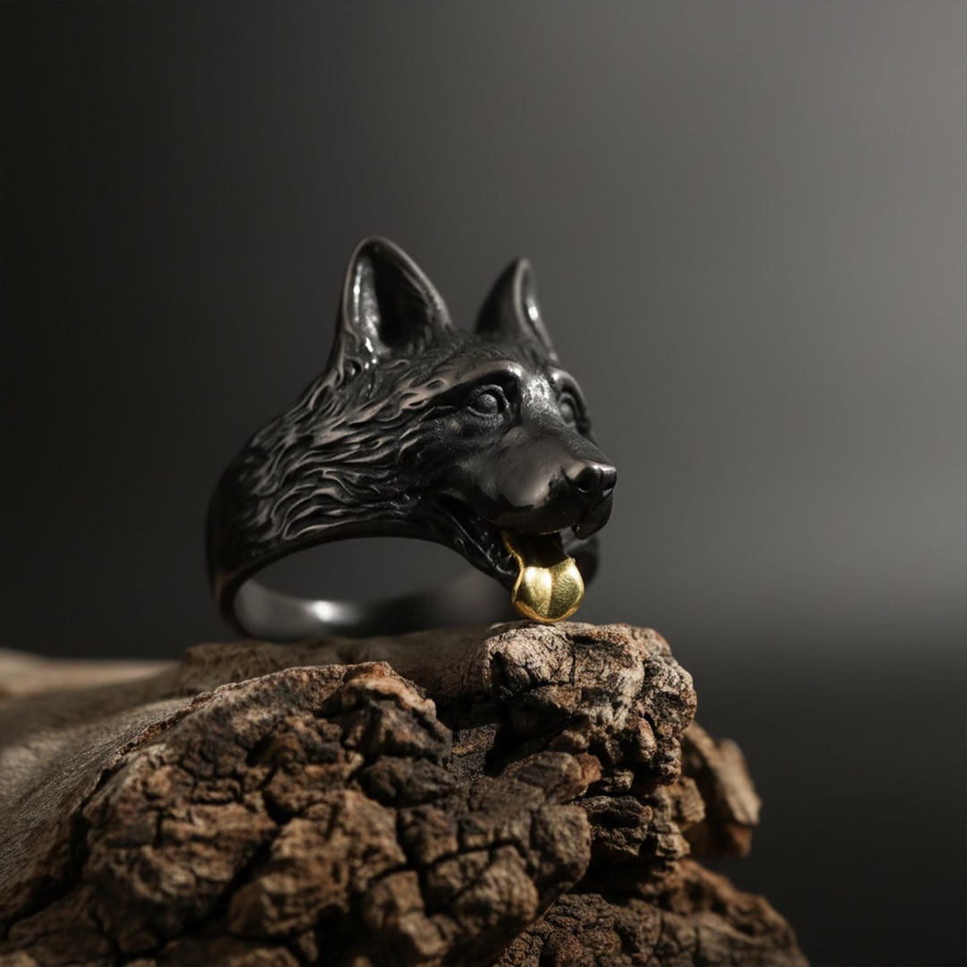 Handmade Black Silver German Shepherd Ring: Gold Sphere, Sterling ...