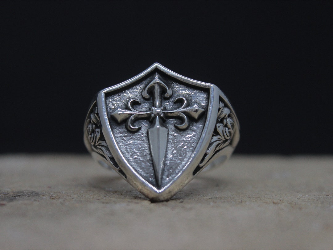 Sterling Silver Sword Signet Ring, Sword Shield Ring, Medieval Sword ...