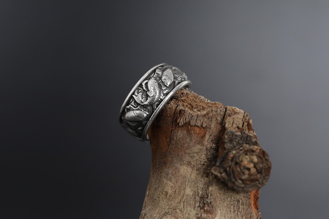 Japanese Carp Koi Fish Band Ring, Textured Animal Band Ring, Japanese ...