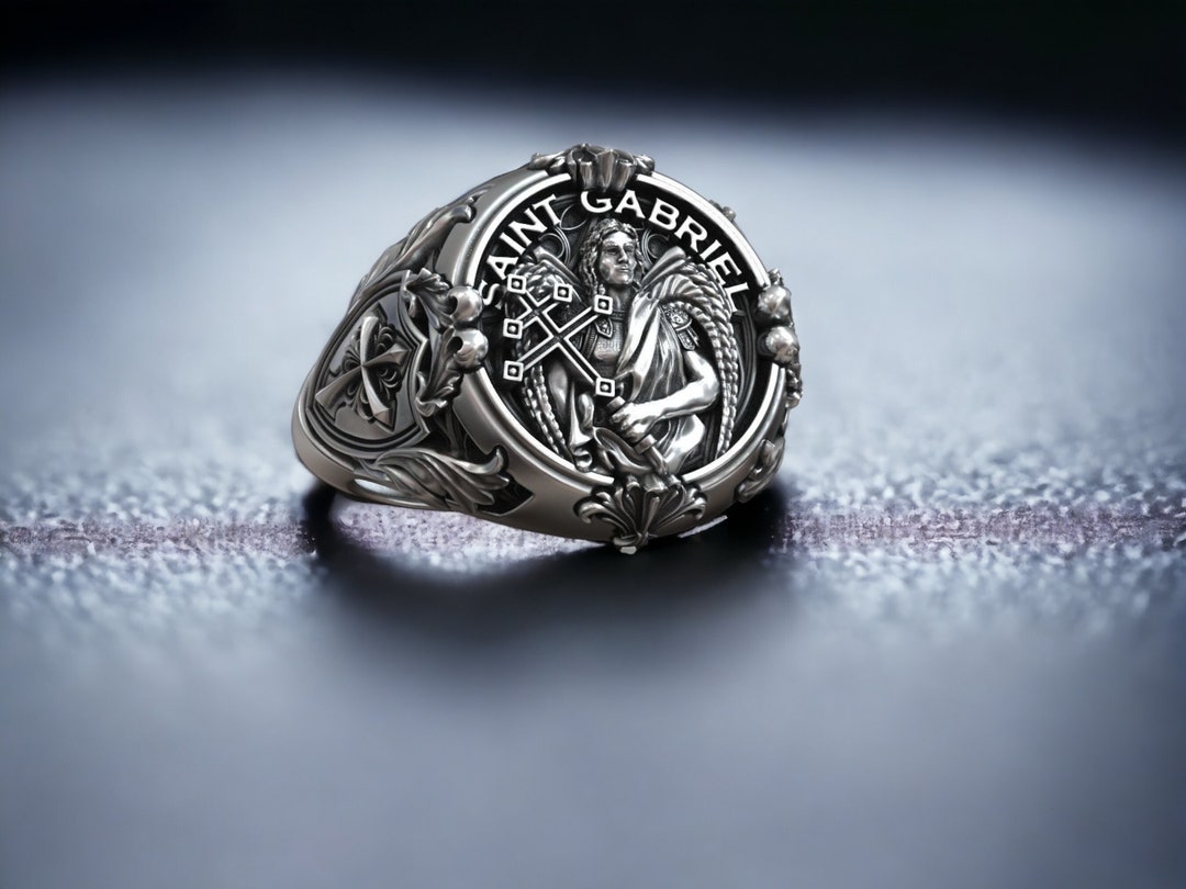 Silver Saint Gabriel Signet Ring: Archangel Gabriel Shield Cross Symbol ...
