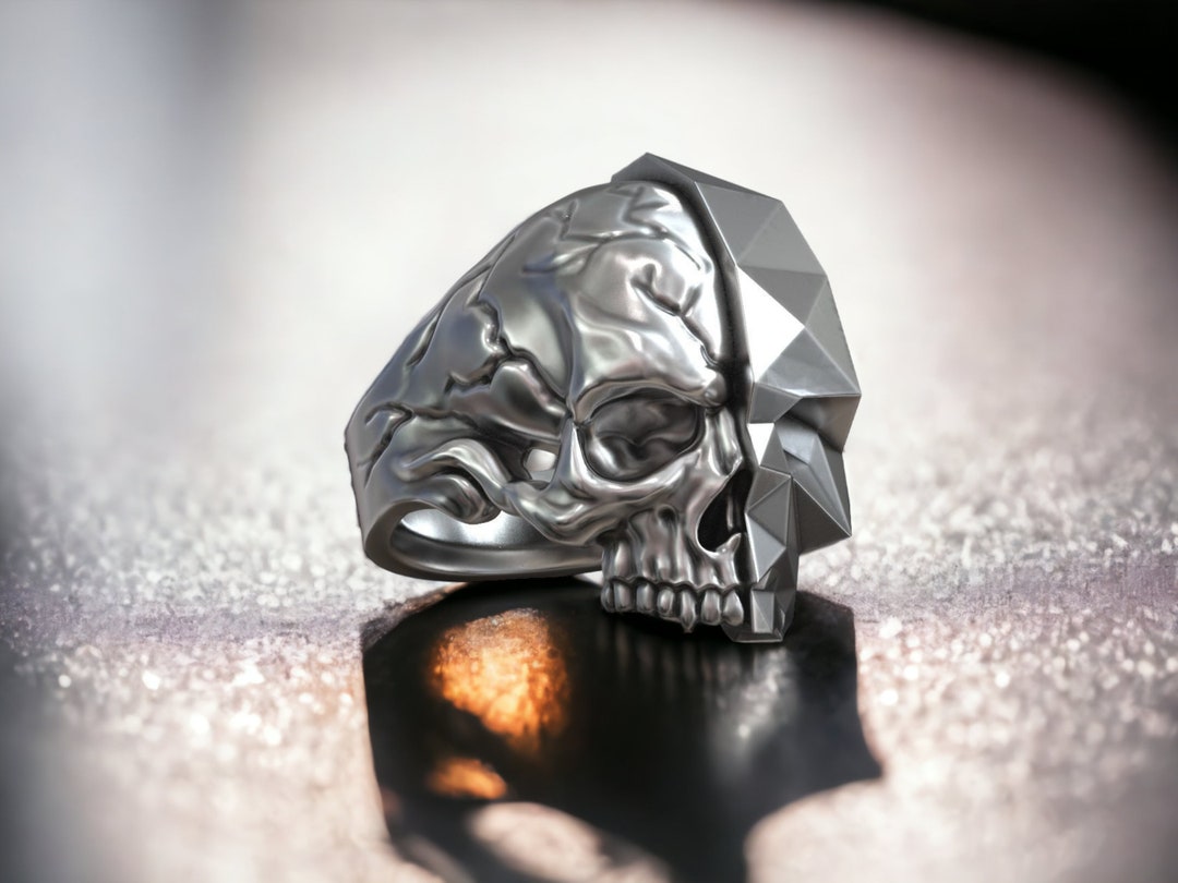 Half Polygon Skull Ring, Gothic Men Ring, Skull Ring for Men, Punk ...