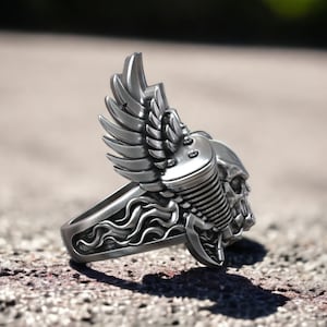 Skull Head With Engine Ring, Large Skull Wings Ring, Biker Ring ...