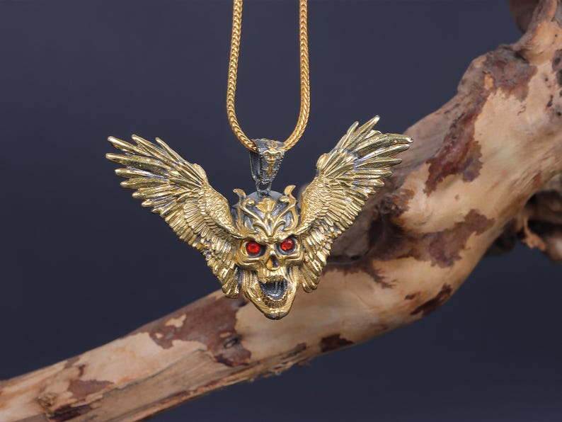 Rhodium Plated Skull With Wings Necklace, Winged Skull Charm, Scary ...