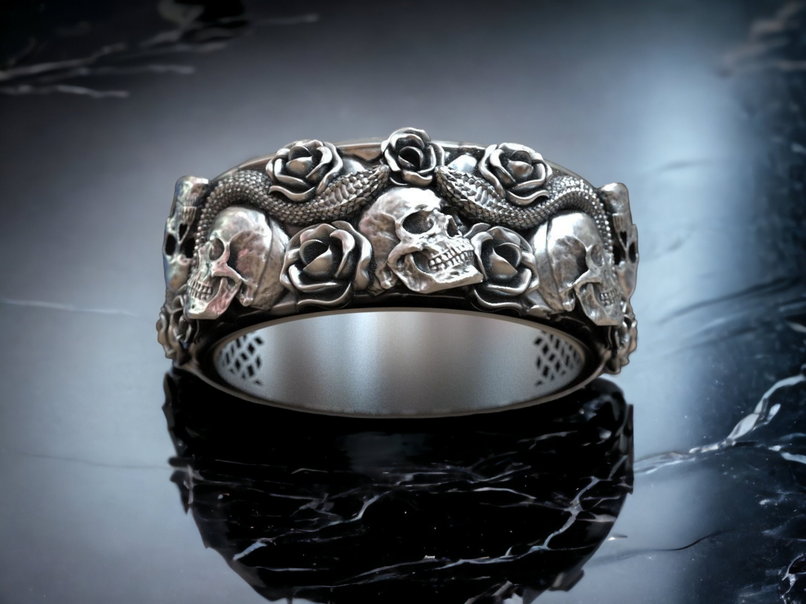 Skull Flower and Snakes Ring Men Silver Band Ring Motorbike - Etsy