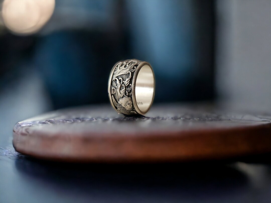 Wide Carp Koi Fish Band Ring, Japanese Men Band Ring, Unique Mens Ring ...