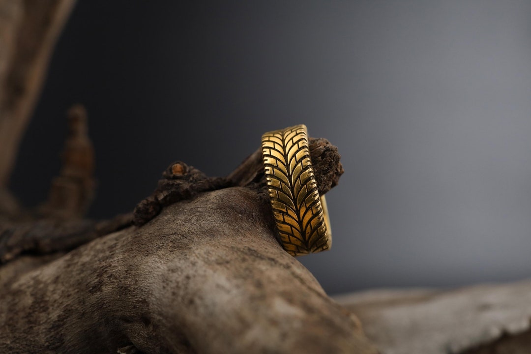 Gold Plated Mens Tire Tread Wedding Ring, Sport Tire Engraved Band Ring ...