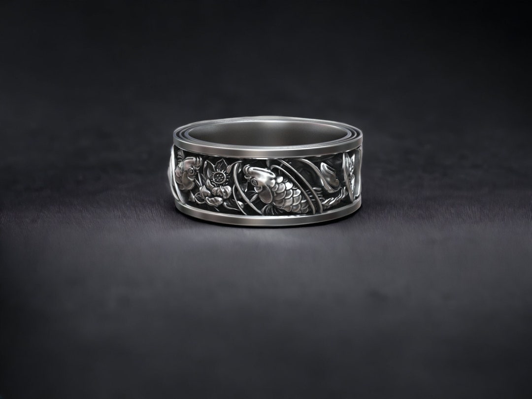 Silver Floral Carp Koi Fish Band Ring, Unique Wedding Band, Japanese ...