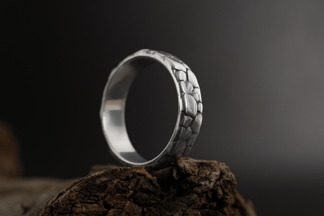 Broken Stone Textured Band Rings: 925K Sterling Silver Brutalist ...