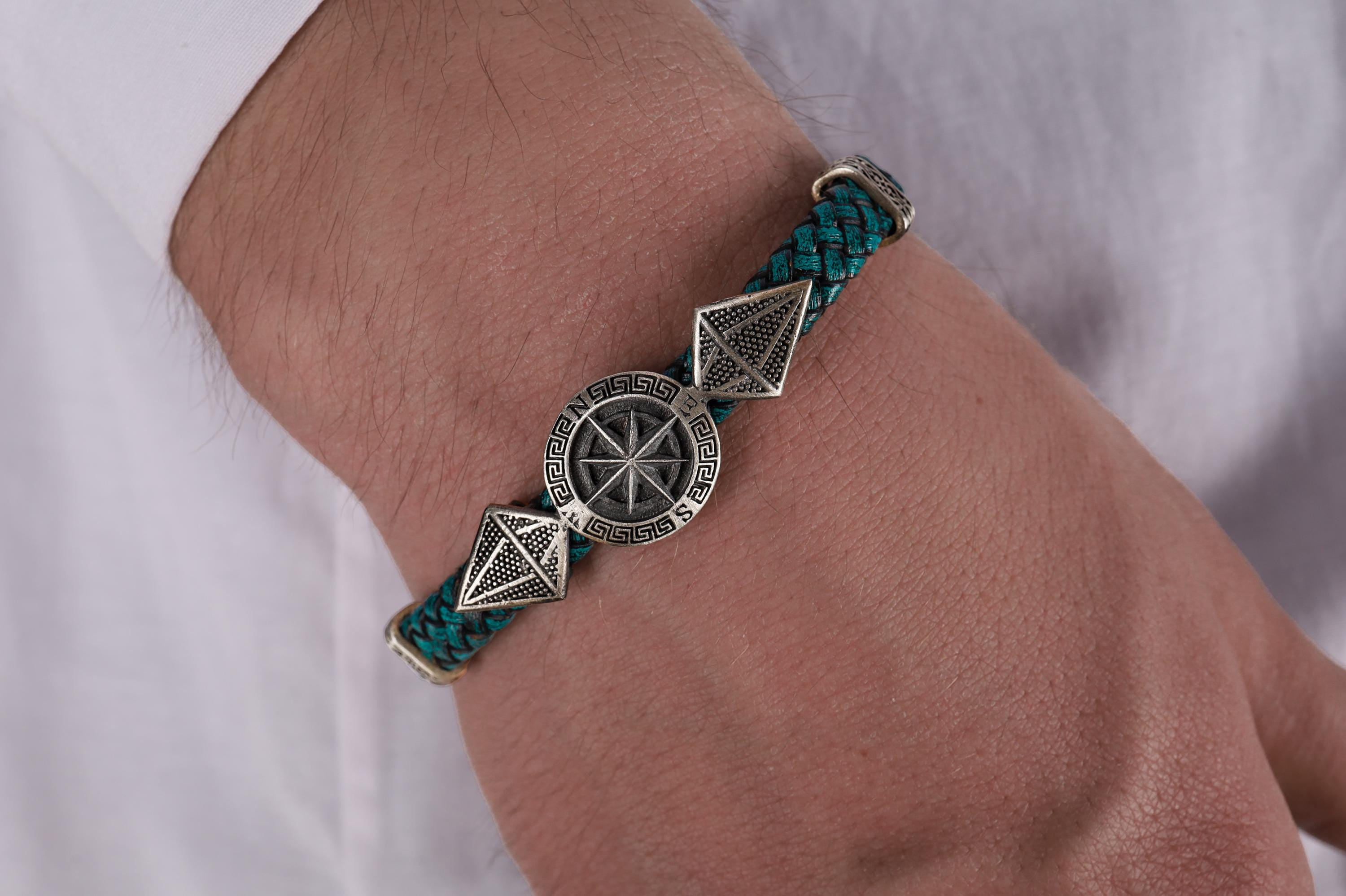 Compass Bracelet for Men, Turquoise Braided Leather Wristband, North ...