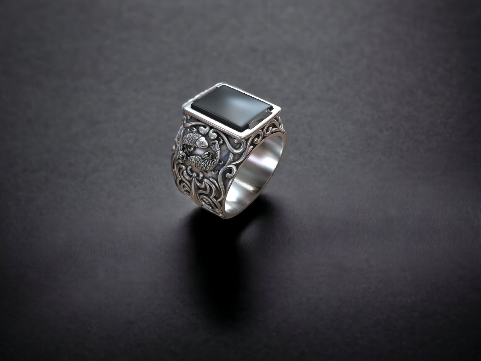 Japanese Koi Fish With Onyx Ring for Men, Signet Gemstone Ring, Onyx ...