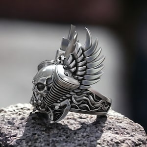 Skull Head With Engine Ring, Large Skull Wings Ring, Biker Ring ...