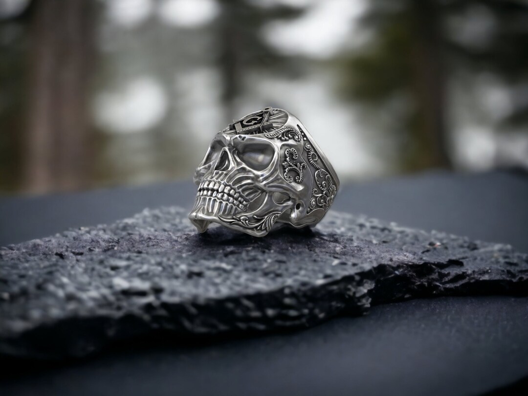 Freemason Skull Ring, Sterling Silver Engraved Men Ring, Masonry Signet ...