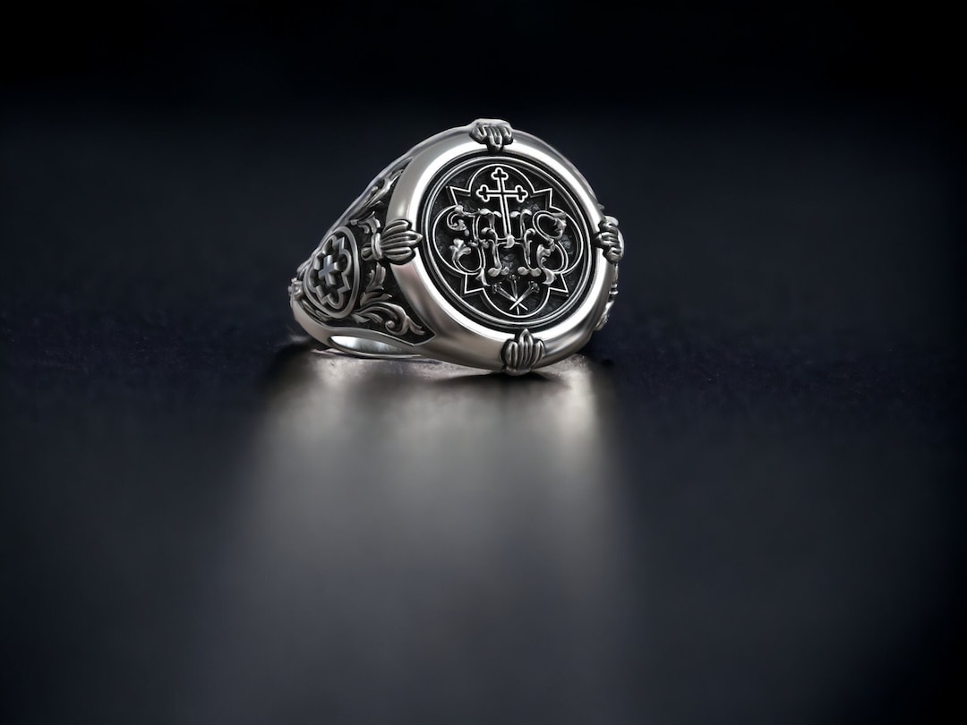 Jesus Christ Men Ring, Religious Signet Ring, IHS Patterned Men Ring ...