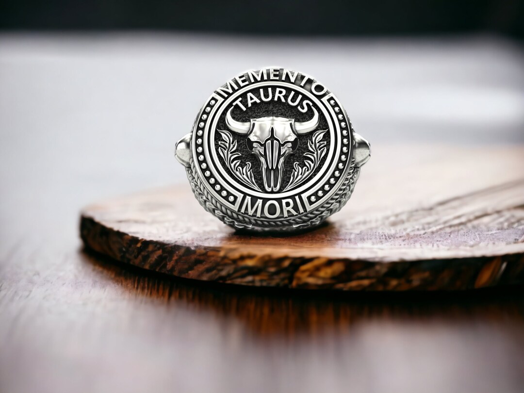Taurus Signet Ring, Memento Mori Men Ring, Engraved Zodiac Ring, Silver ...