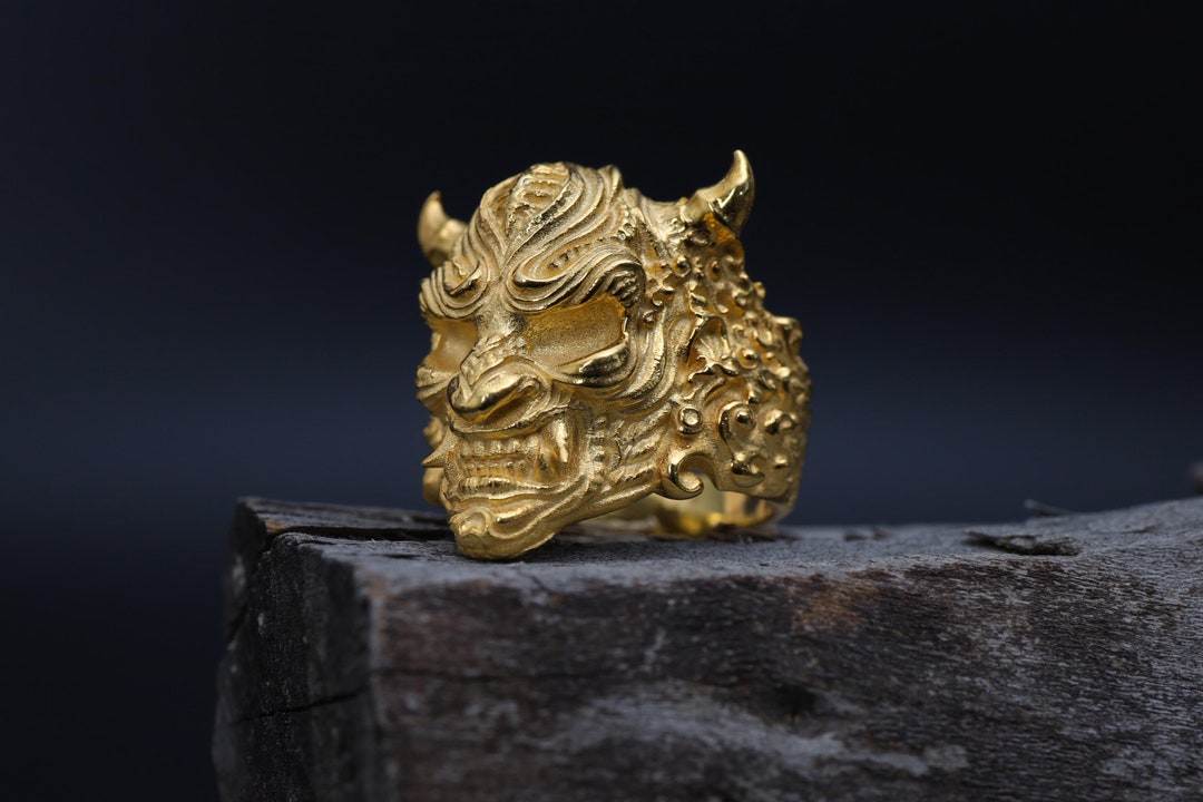 Silver Hannya Mask Ring, Gothic Demon Ring for Men, Japanese Oni Mask ...