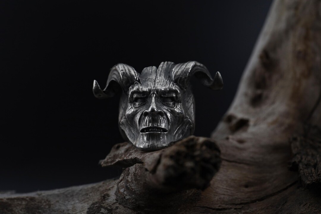 Satanic Skull Face Ring, Horned Men Ring, Lucifer Face Ring, Creepy ...