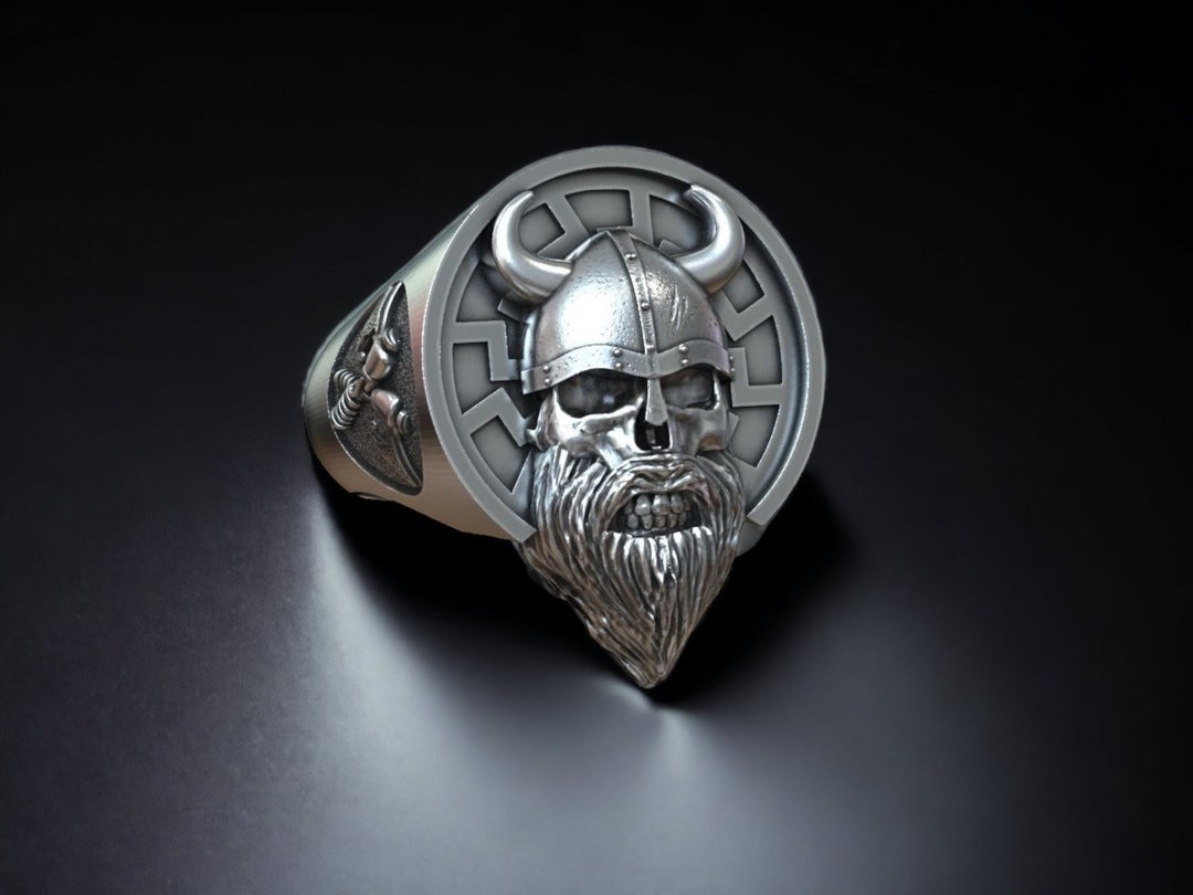 Silver Viking Signet Ring, Gothic Men Ring, Viking Skull Ring, Gold ...