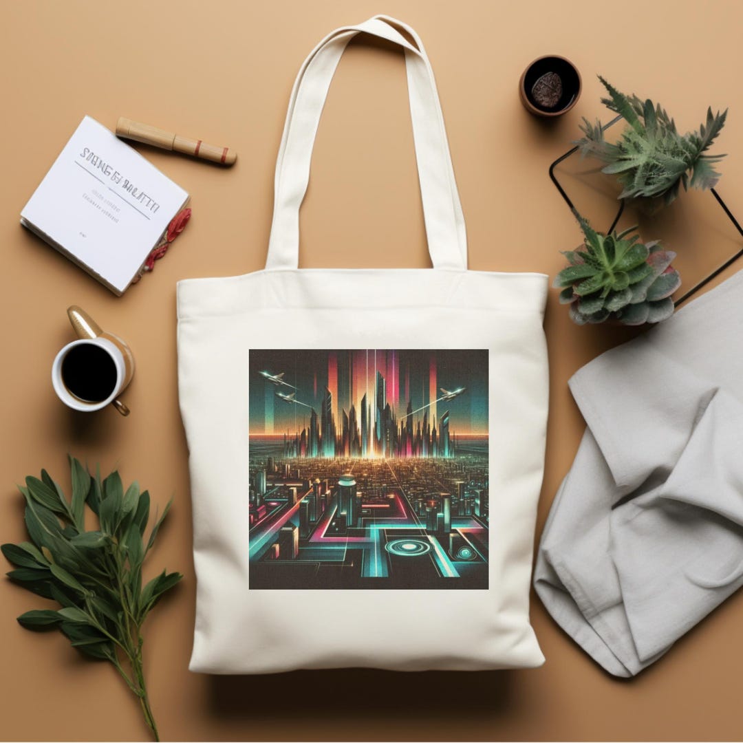 Futuristic Cityscape Back to the Future Cotton Canvas Tote Bag, Eco ...