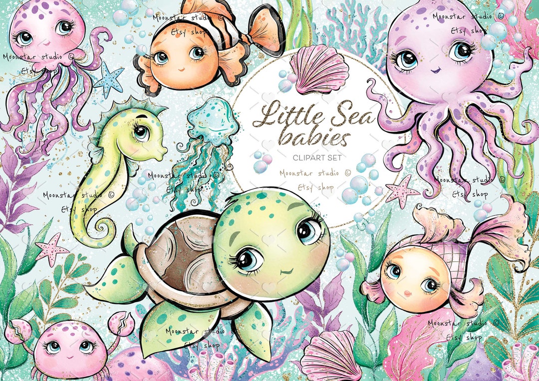 Cute, Little Sea Babies Clipart Set. Under the Sea Animals. Comercial ...