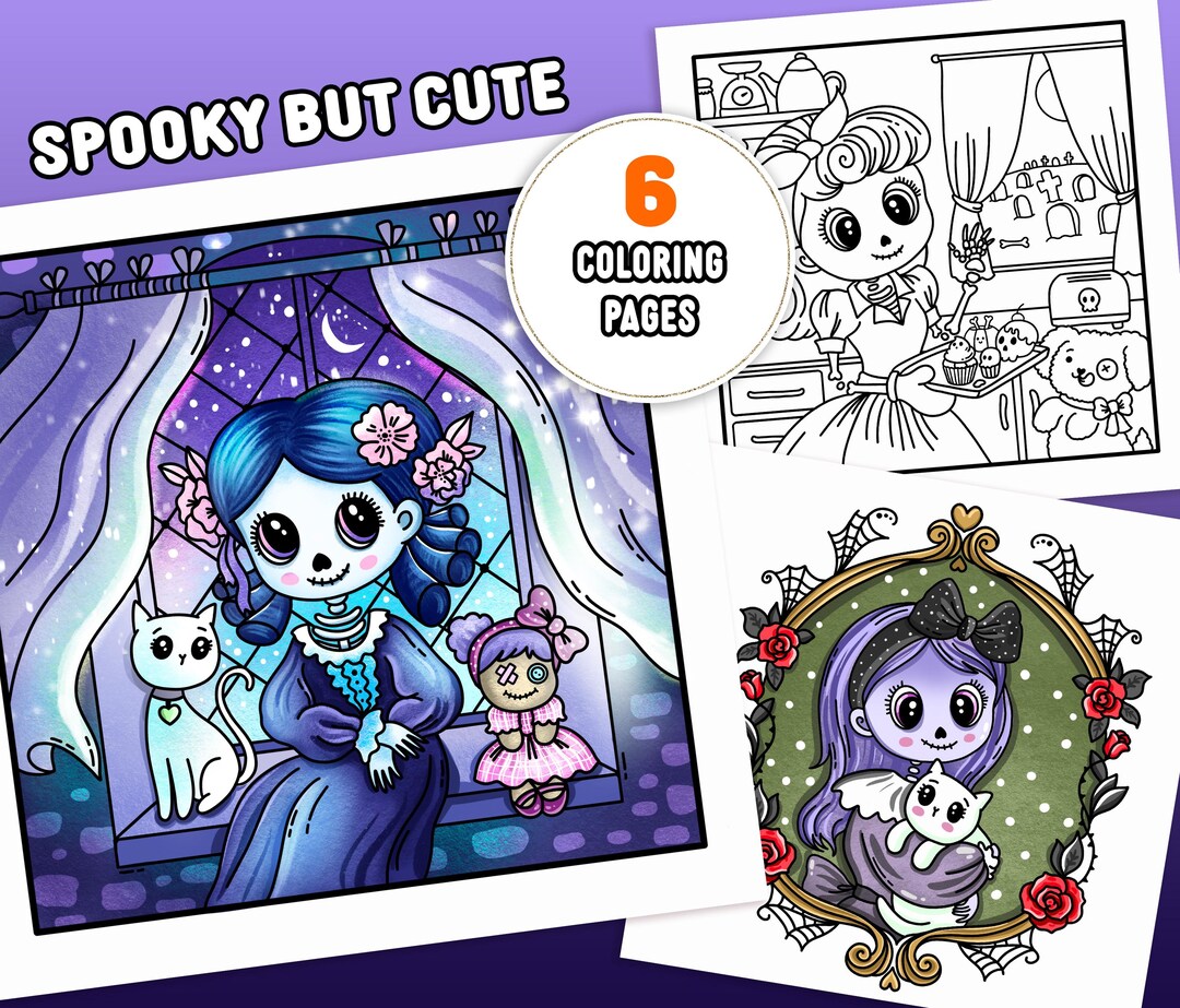 Spooky Cute Kawaii Coloring Pages – 6 Hand-drawn Skeleton Girl, Creepy ...