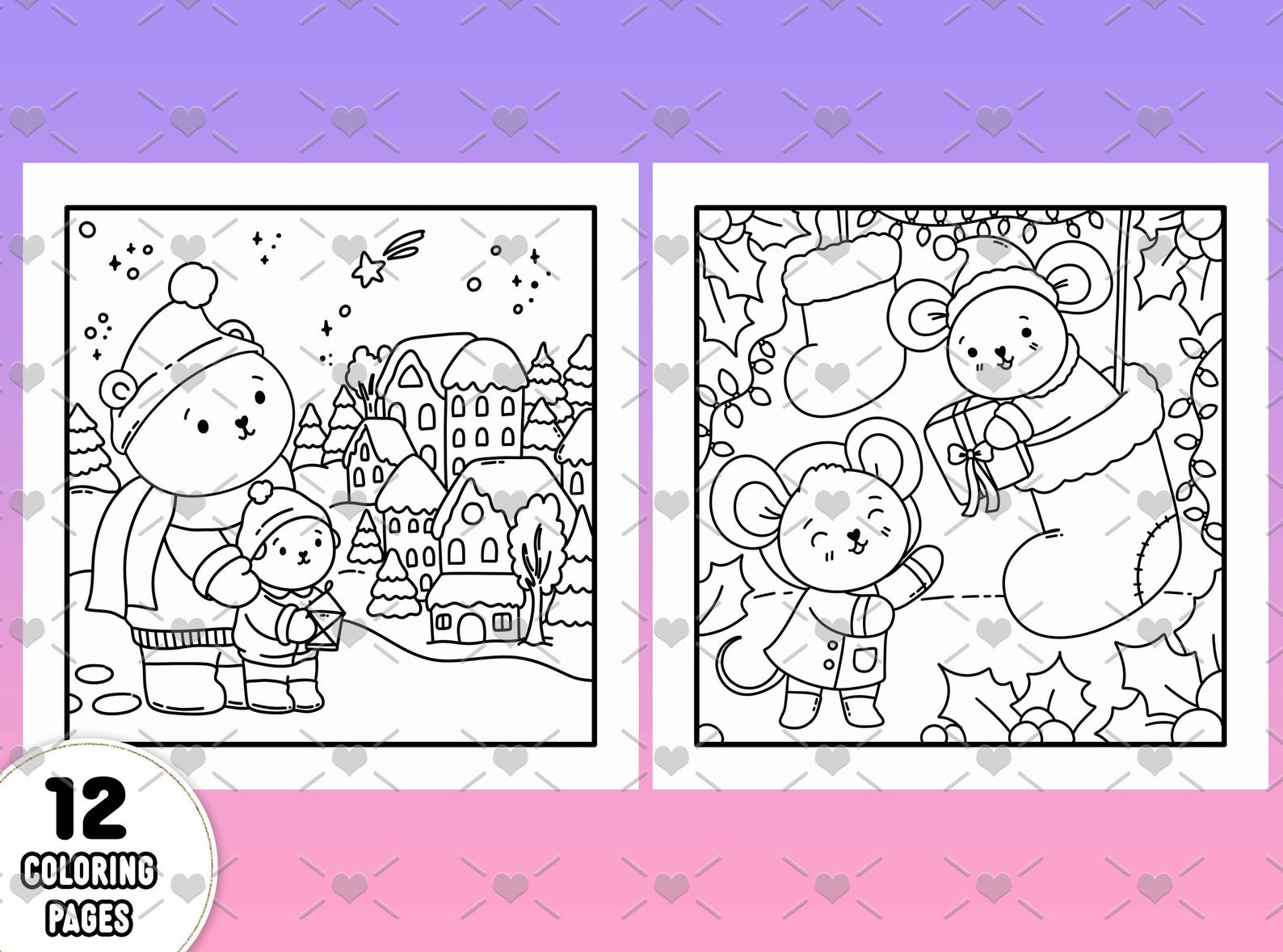 12 Christmas Coloring Pages. Cute Hand-drawn Winter Animals. Cute ...