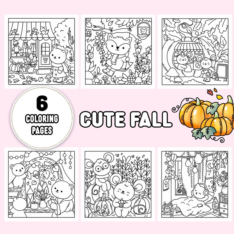 Autumn Cozy Kawaii Coloring Pages – 6 Aesthetic Hand-drawn Doodles for ...