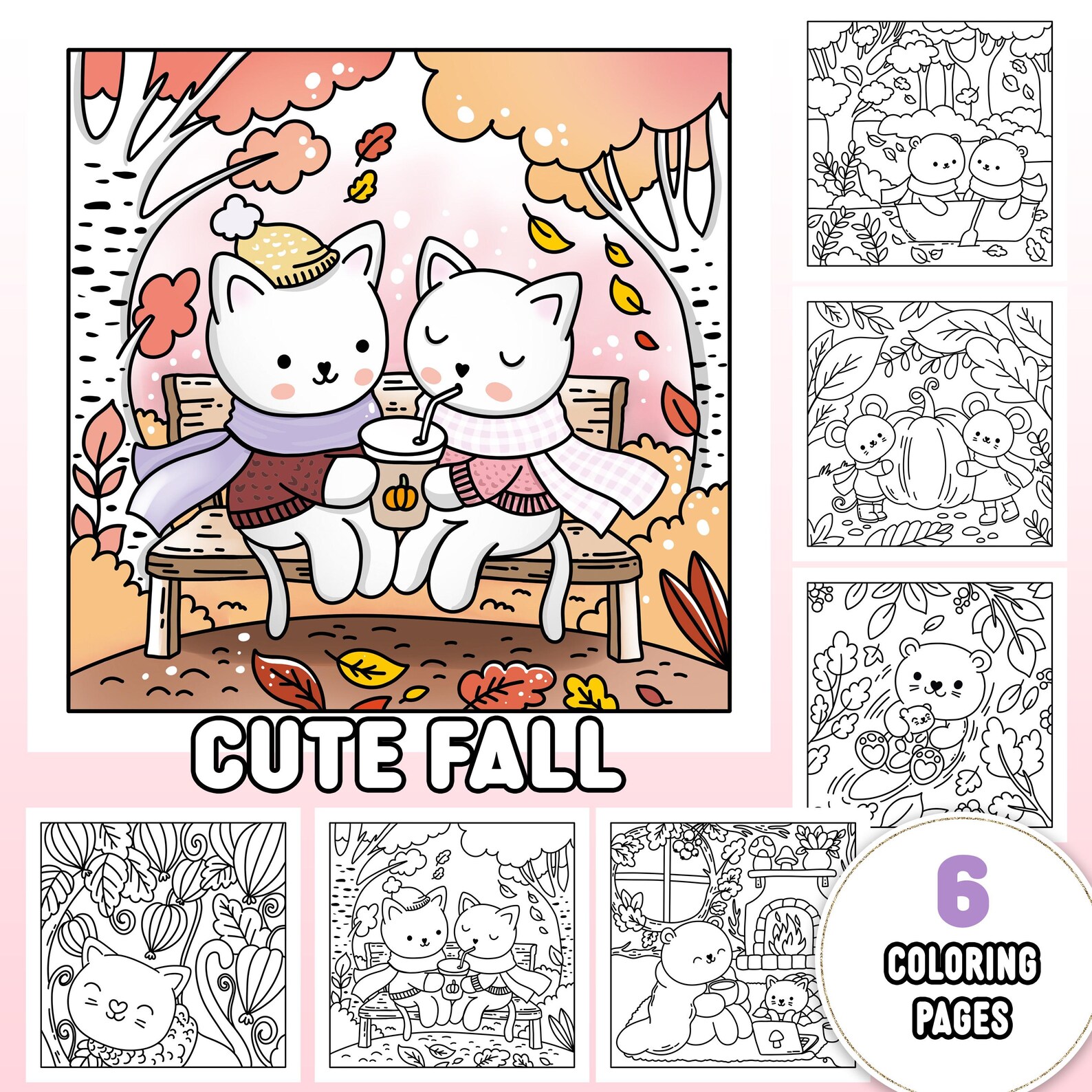 Autumn Cozy Kawaii Coloring Pages – 6 Aesthetic Hand-drawn Doodles for ...