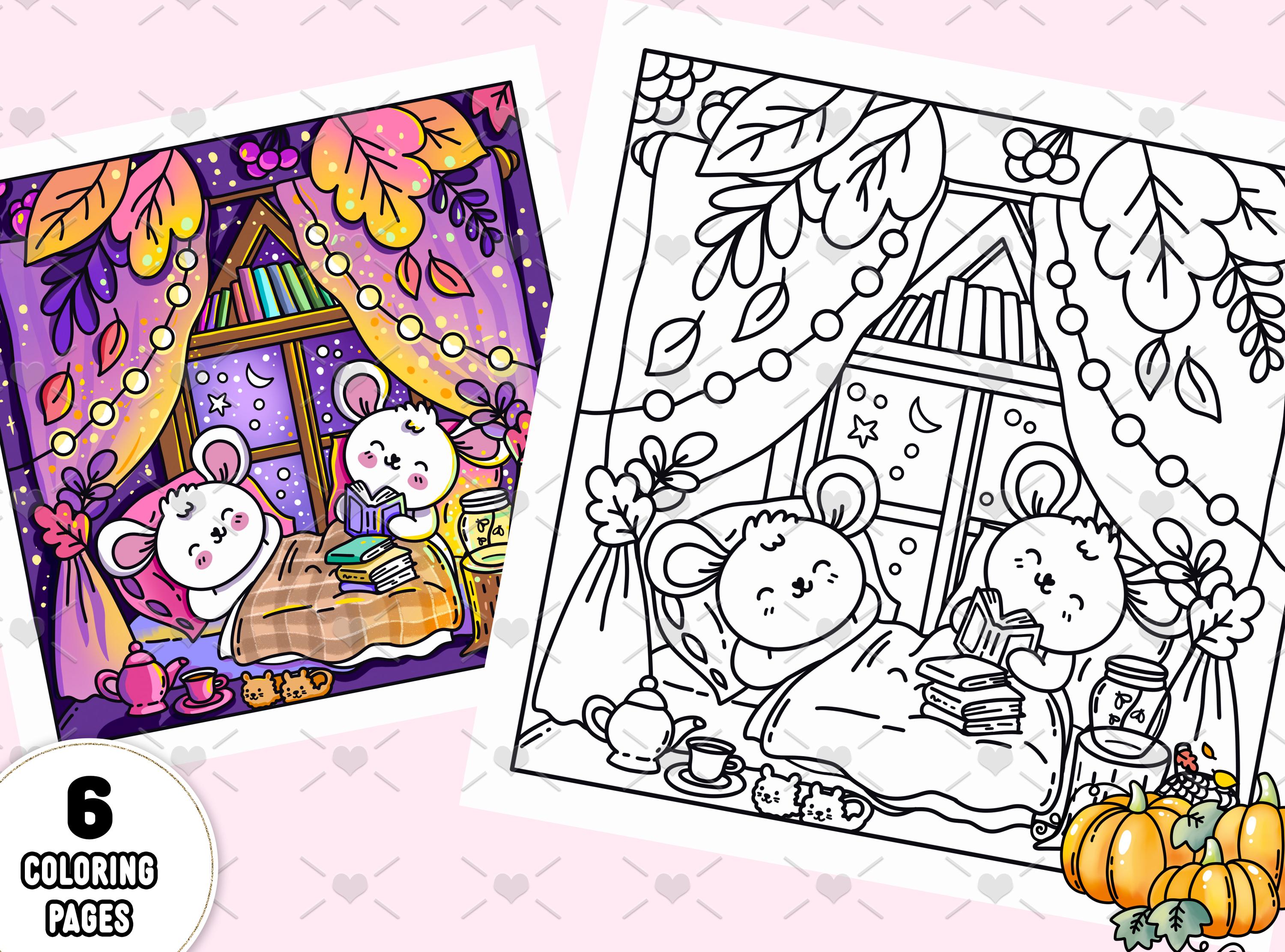 Autumn Cozy Kawaii Coloring Pages – 6 Aesthetic Hand-drawn Doodles for ...