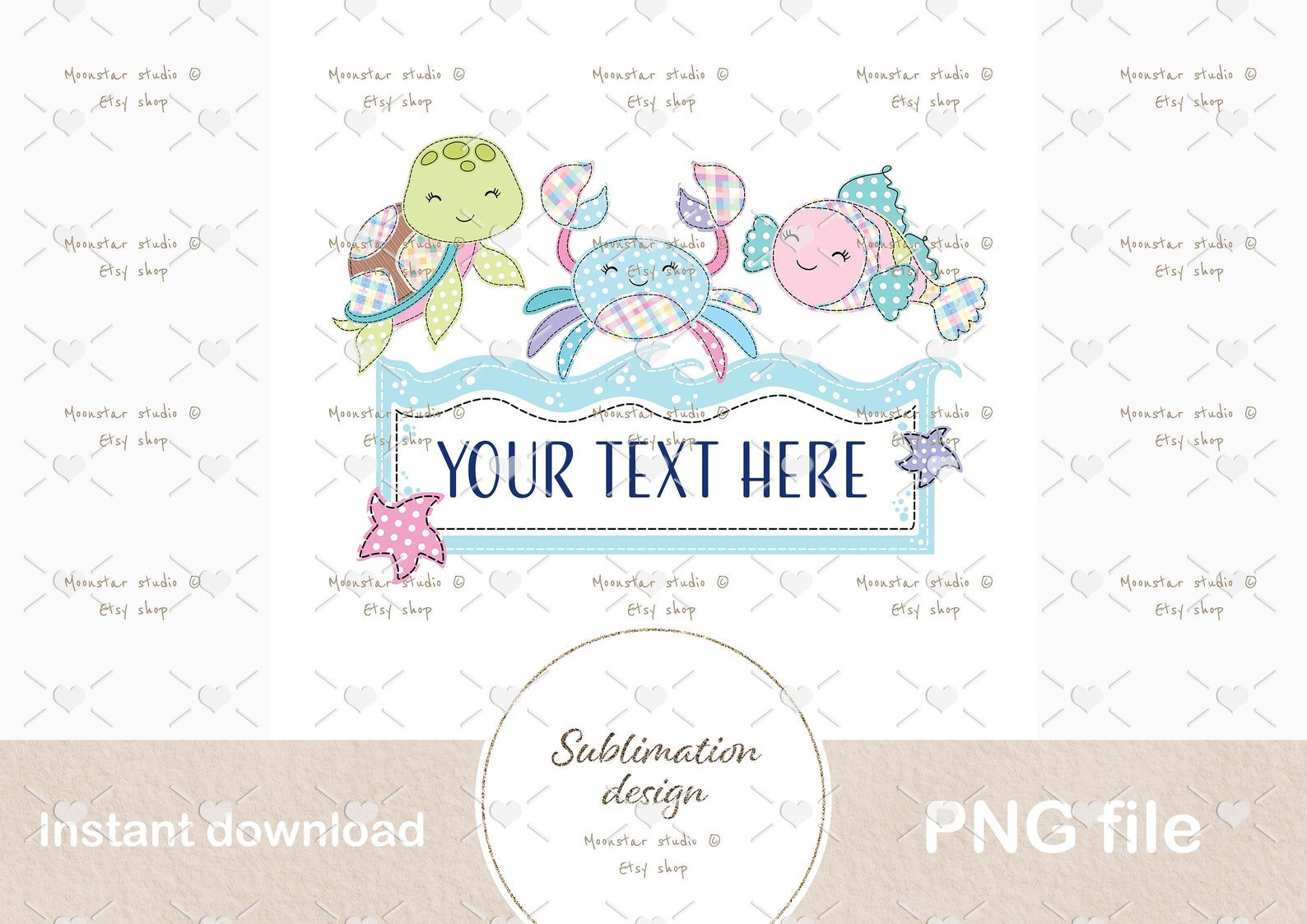 Crab Nameplate Trio. Cute Summer Crab, Sea Turtle and Fish. PNG ...